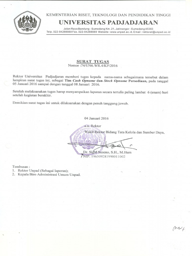 Surat Tugas Nomor 74 Tahun 2016 Tentang Tim Cash Opname Dan Stock ...