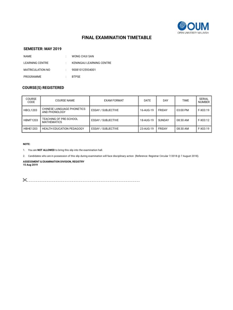 OUM May 2019 Exam Timetable | PDF