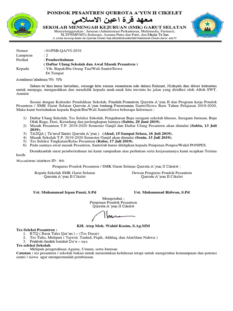 Surat Pemberitahuan Sekolah Dan Pesantren Qa Ii | PDF