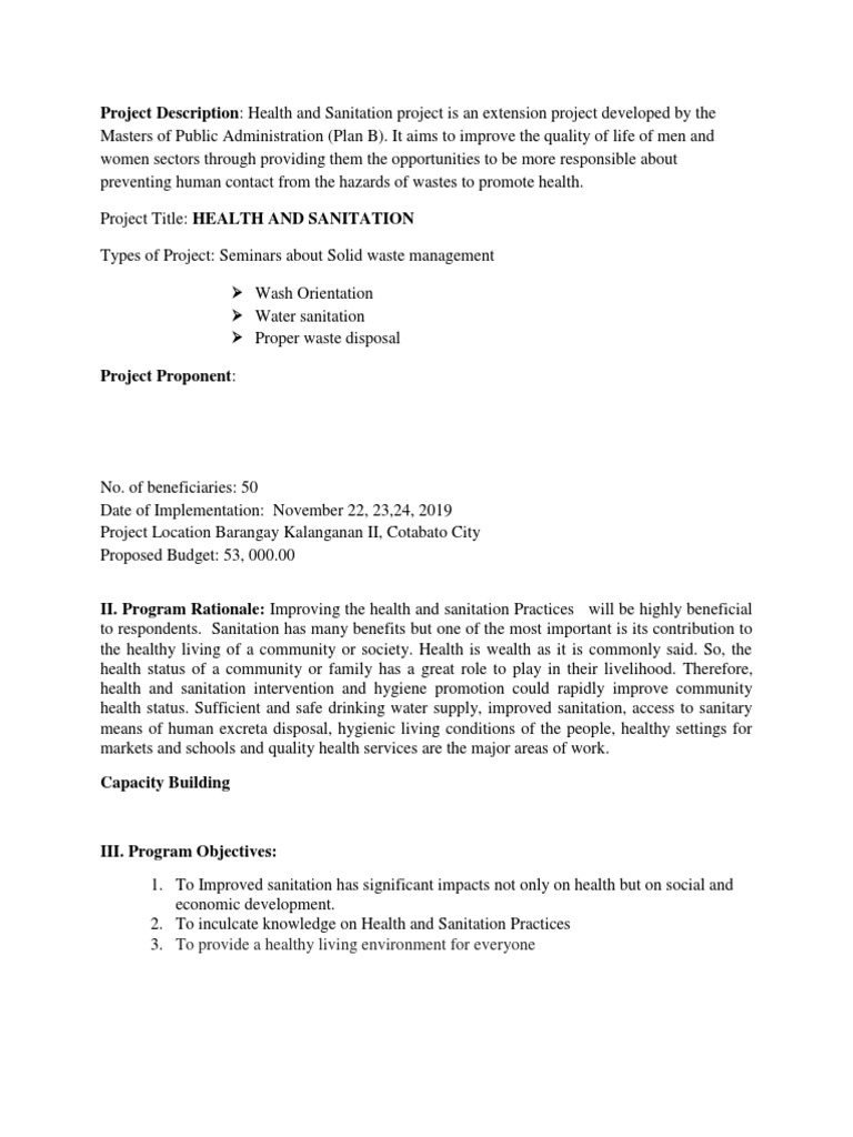 Project Description: Health and Sanitation Project Is An Extension ...