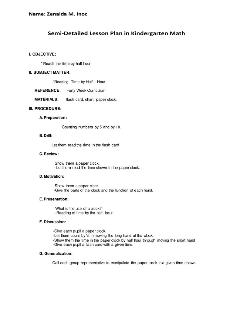 Semi-Detailed Lesson Plan in Kindergarten Math: Name: Zenaida M. Inoc | PDF