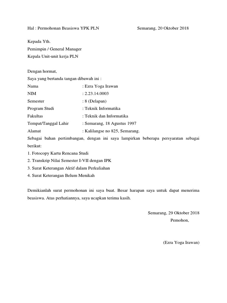 Contoh Surat Pengajuan Beasiswa | PDF