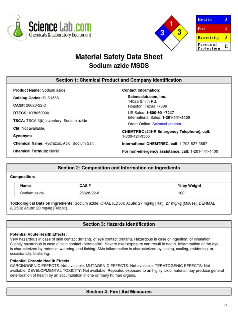 Msds Sodium Azide | PDF | Toxicity | Personal Protective Equipment