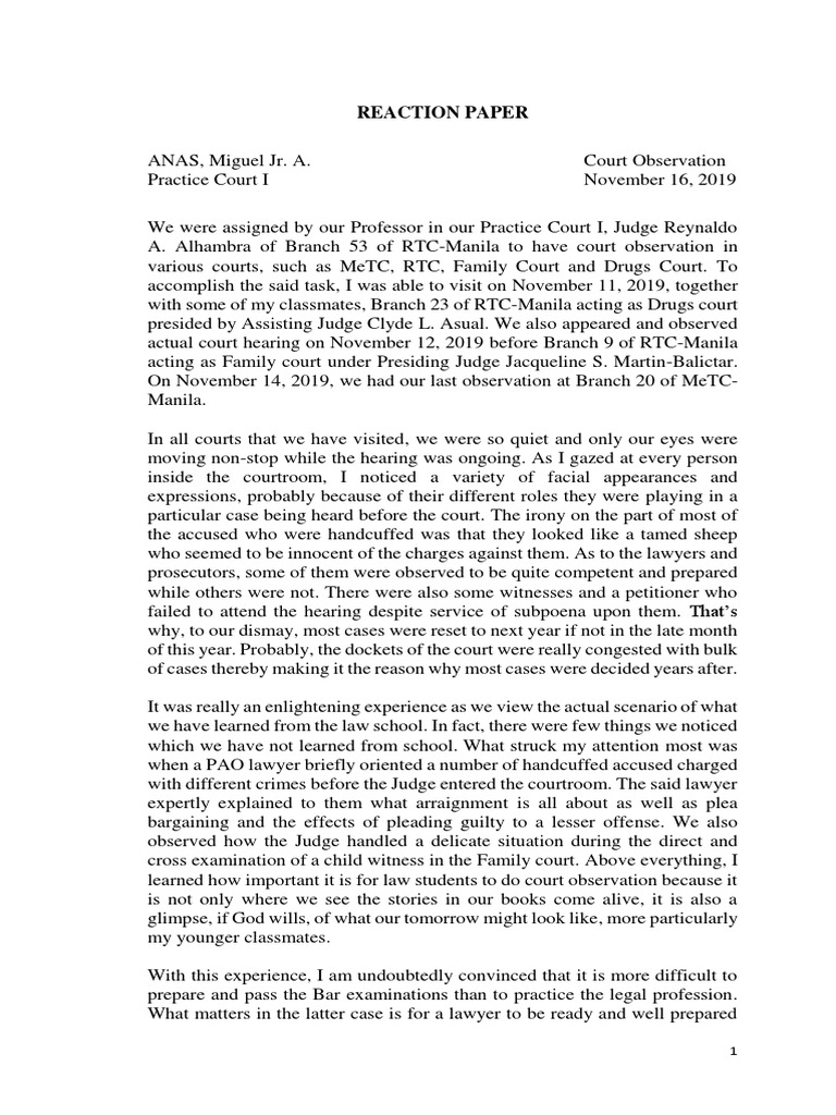 Reaction Paper On Court Observation | PDF | Lawyer | Plea