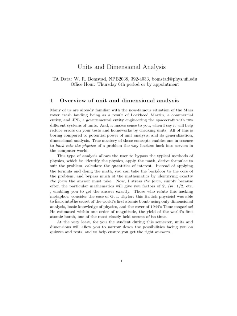 1 Overview of Unit and Dimensional Analysis | PDF | Kilogram | Physics