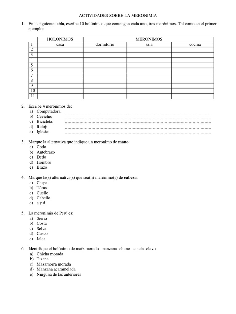 Actividades Sobre La Meronimia | PDF