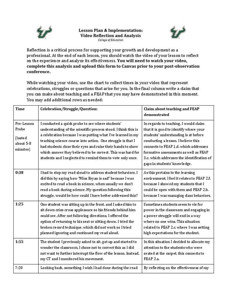 Lesson Plan & Implementation: Video Reflection and Analysis | Download Free PDF | Pedagogy ...