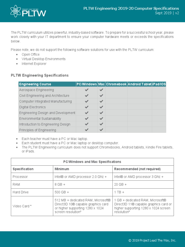PLTW Engineering 2019-20 Computer Specifications | PDF | Tablet ...