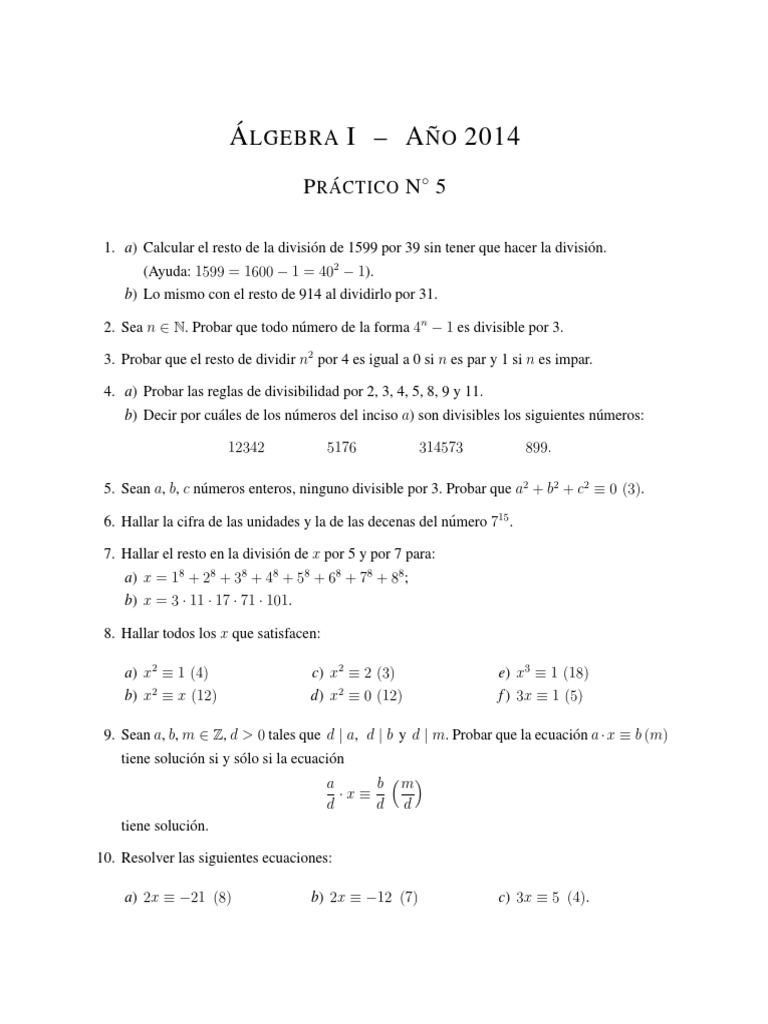 Aritmetica Modular PDF | Descargar gratis PDF | Ecuaciones | Teoría del ...