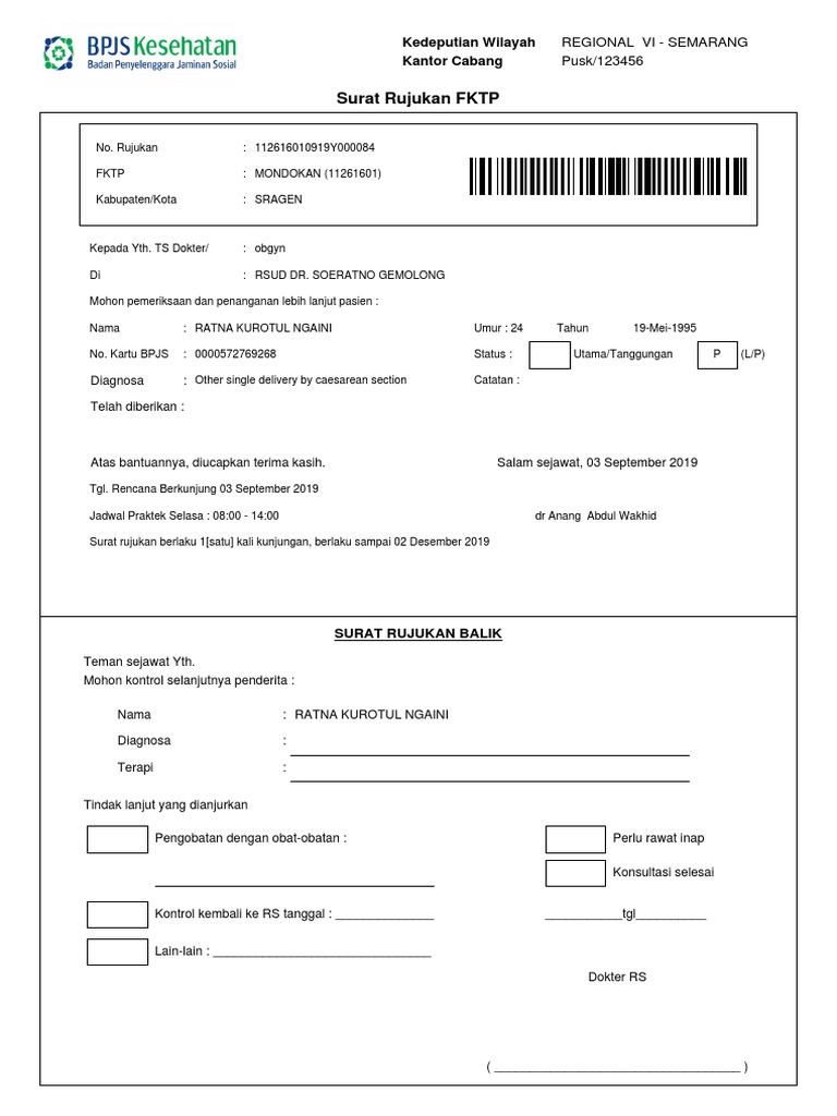 Surat Rujukan FKTP: Kedeputian Wilayah Kantor Cabang | PDF