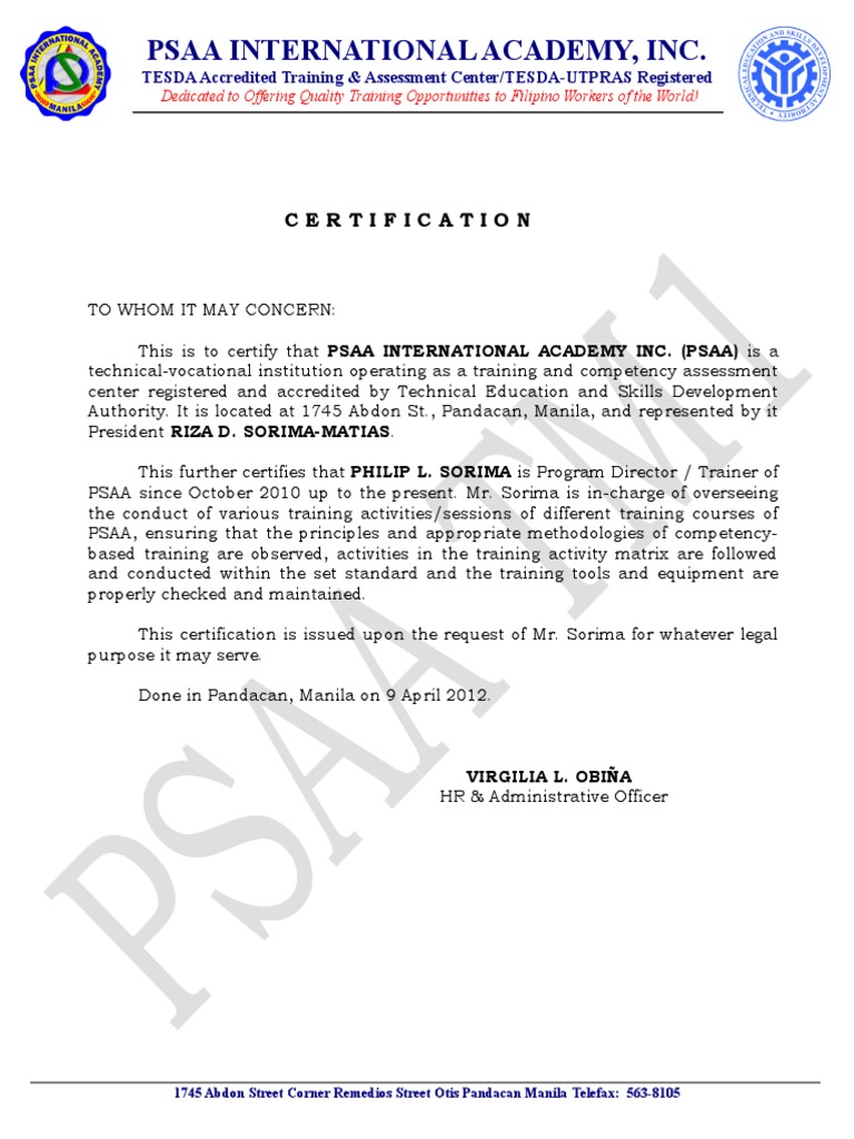 3rd Party Certification Sample (With Letterhead) | PDF