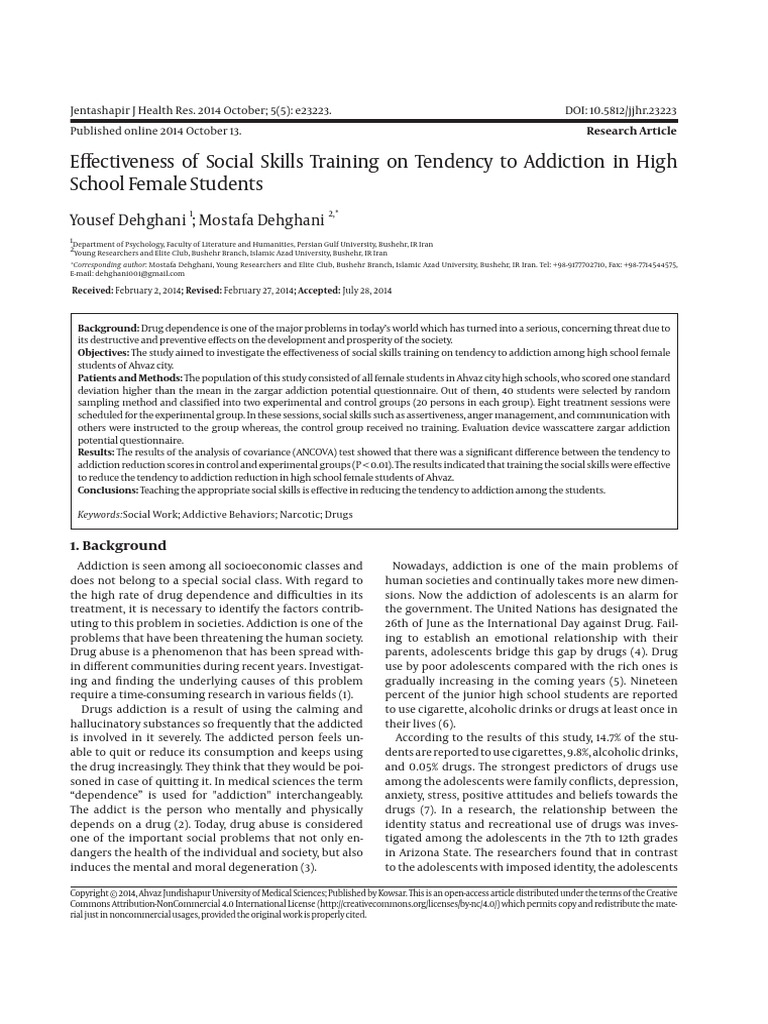 Effectiveness of Social Skills Training On Tendency To Addiction in ...