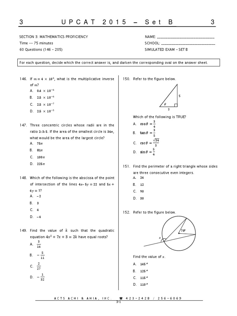 Upcat 2015 - Simulated Exam - Set B - Section 3 - Mathematics ...