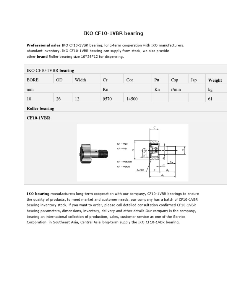 IKO CF10-1VBR Bearing: IKO CF10-1VBR Bearing Bore OD Width CR Cor Pu ...