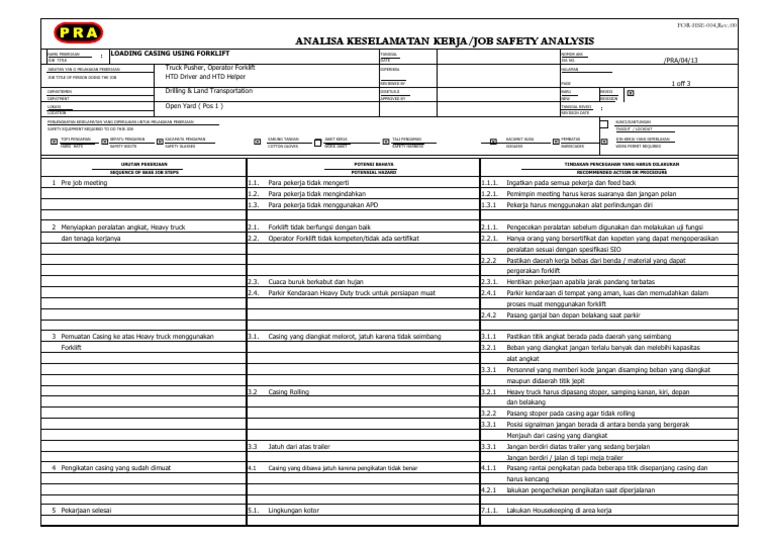 JSA LOADING Casing Using Forklift | PDF