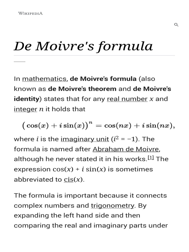 De Moivre's Theorem Explained | PDF | Trigonometric Functions | Complex ...