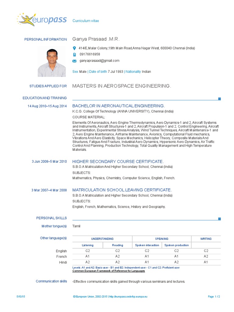 CV Europass Sample | Download Free PDF | Aerodynamics | Engineering