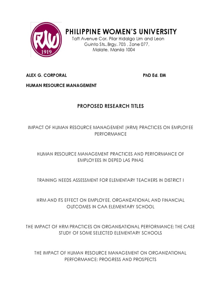 Philippine Women'S University: Proposed Research Titles | PDF