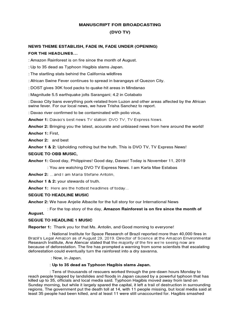 Manuscript For Broadcasting (Dvo TV) | PDF | Wildfire | Earthquakes