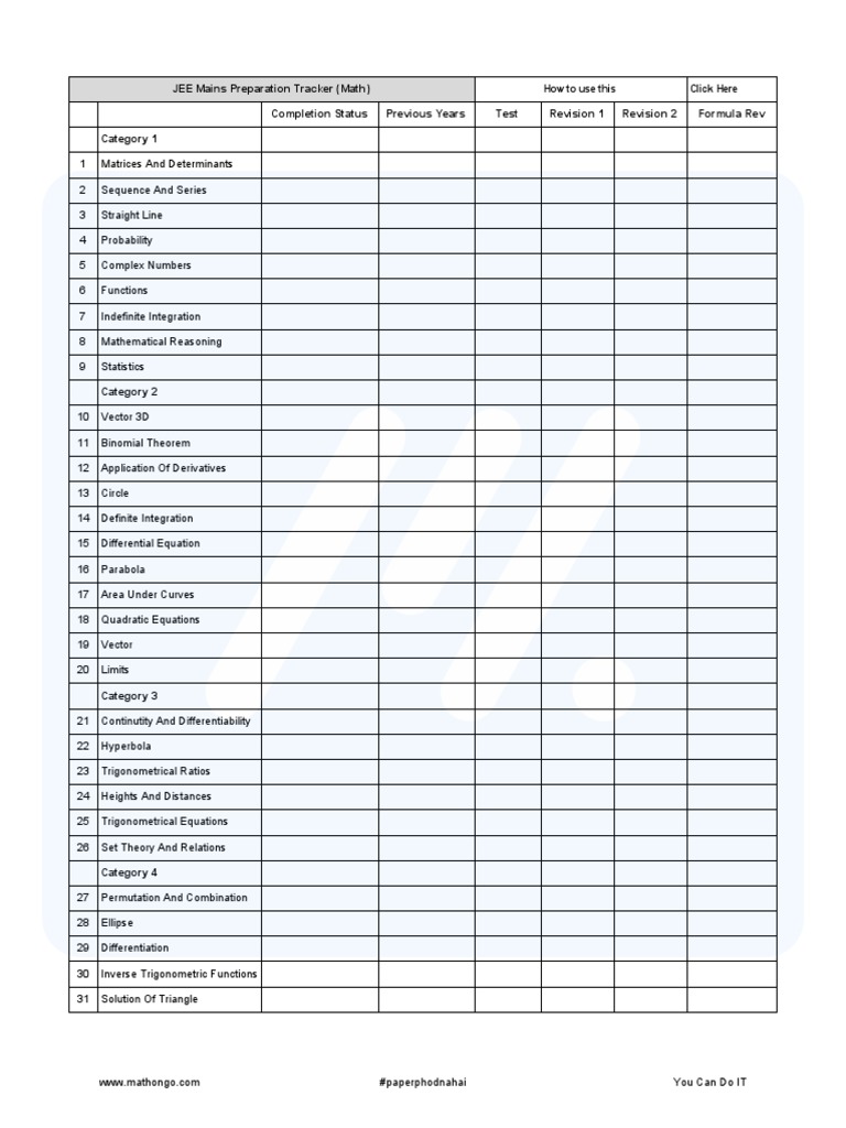 Mathematics JEE Main Preparation Tracker MathonGo | PDF