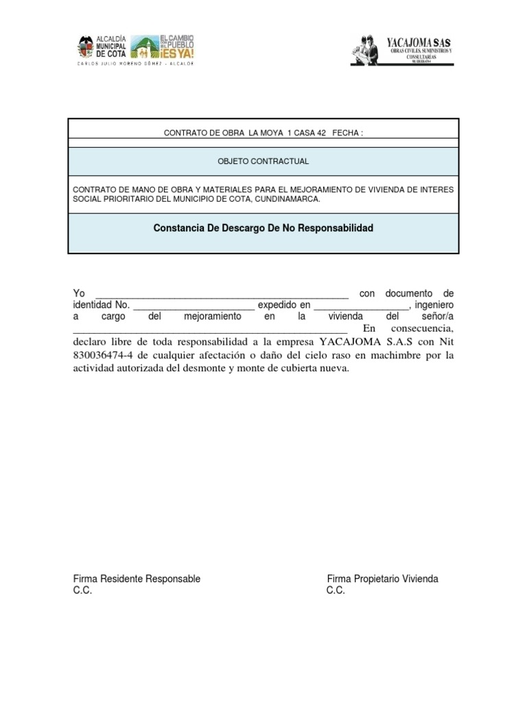 Carta Descargo de NO Responsabilidad | PDF Carta Descargo de NO Responsabilidad | PDF