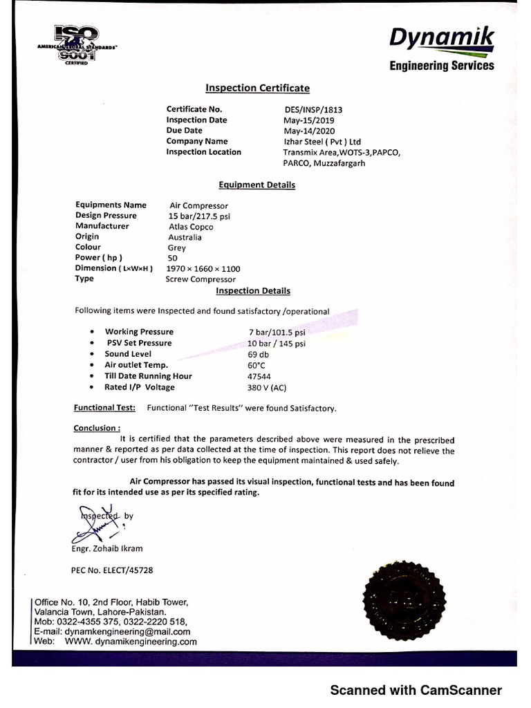 Air Compressor Calibration Certificates Template | PDF