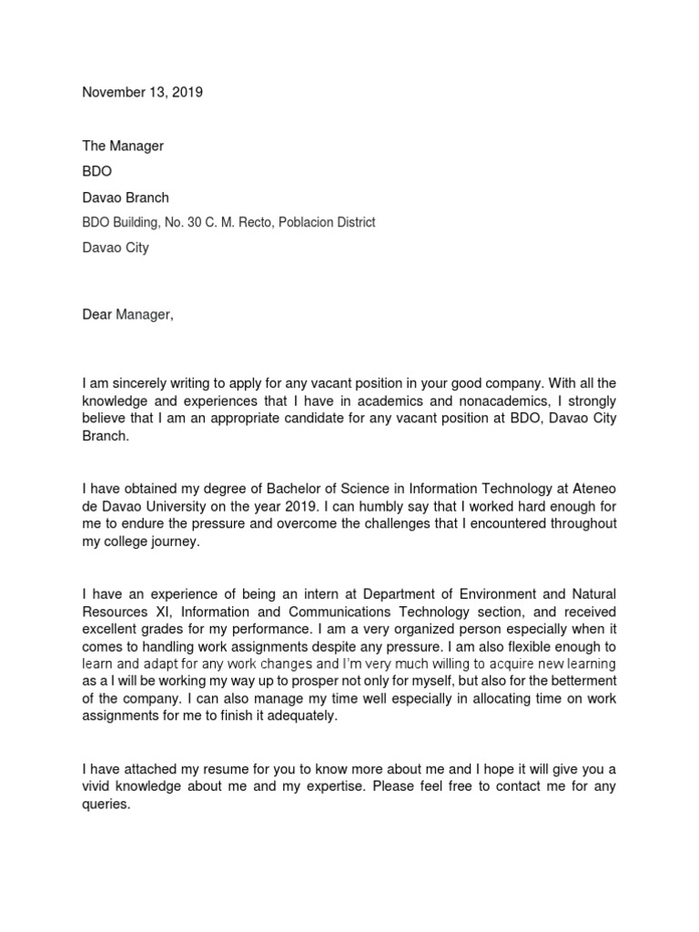 BDO job application letter | PDF