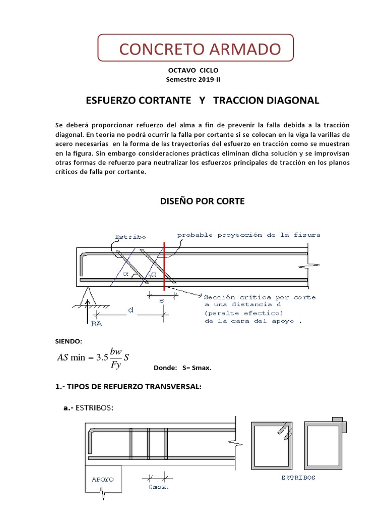 Esfuerzo Cortante y Traccion Diagonal (Concreto Armado) | Hormigón | Concreto reforzado
