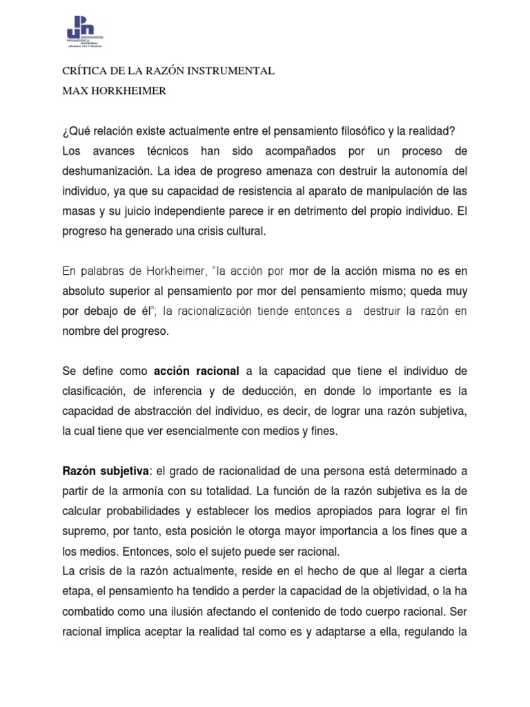 Critica de La Razon Instrumental | PDF | Subjetividad | Razón