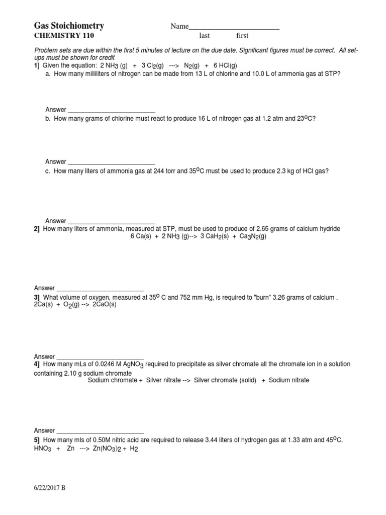 110 WS Gas Stoichiometry | PDF | Stoichiometry | Mole (Unit)