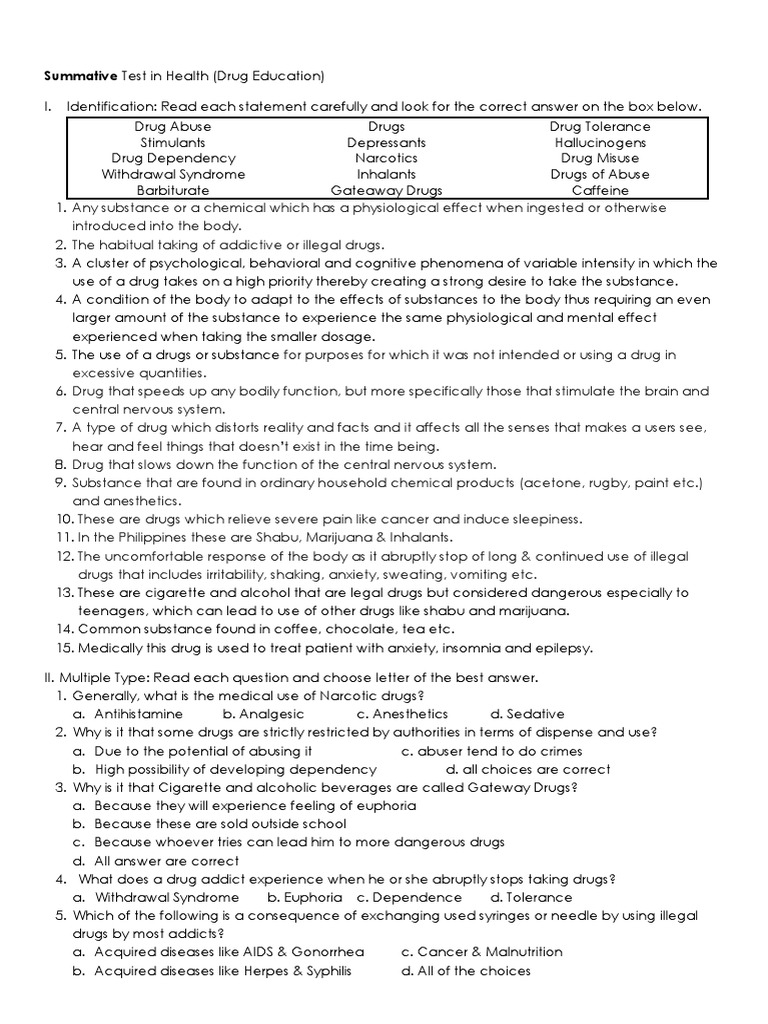 Summative Test in Health (Drug Education) - 2019 | PDF | Substance ...