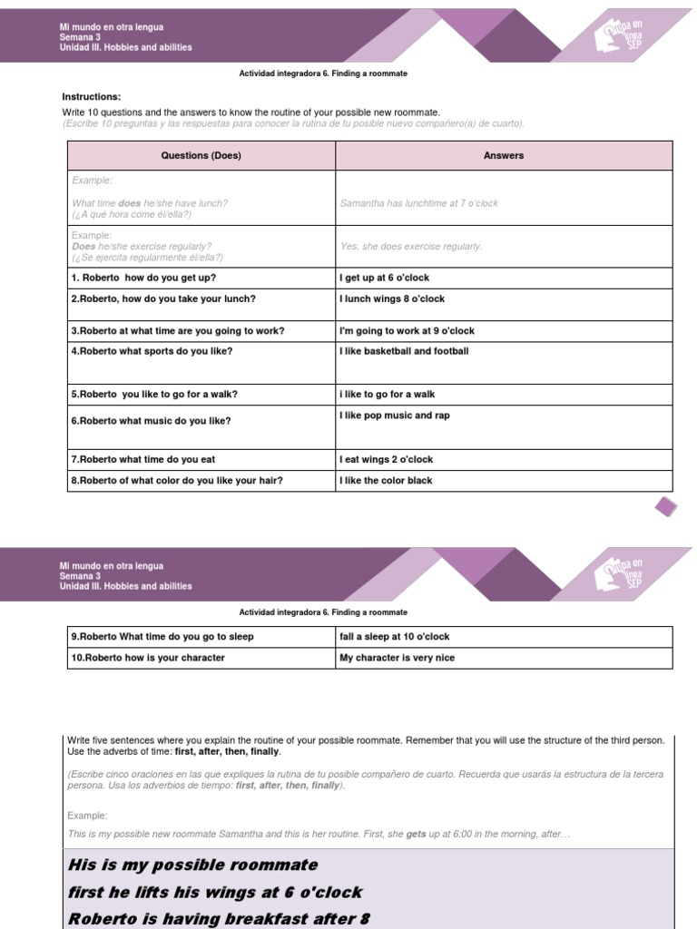 Write 10 Questions and The Answers To Know The Routine of Your Possible ...