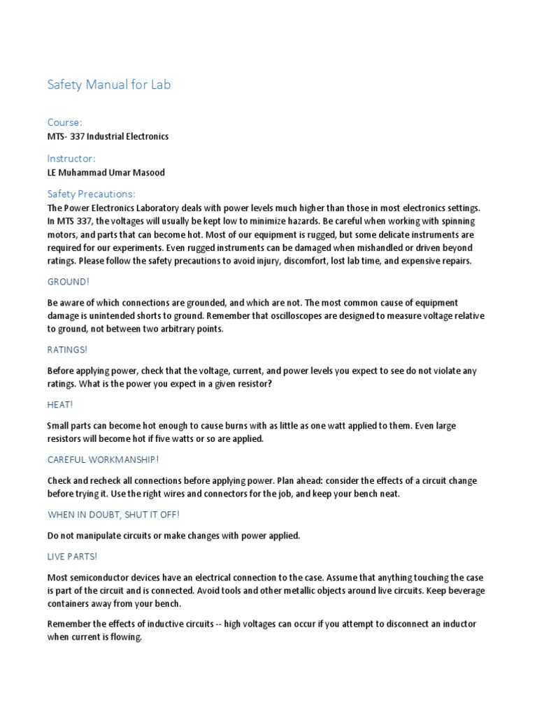 Safety Precautions During The Lab Session | PDF