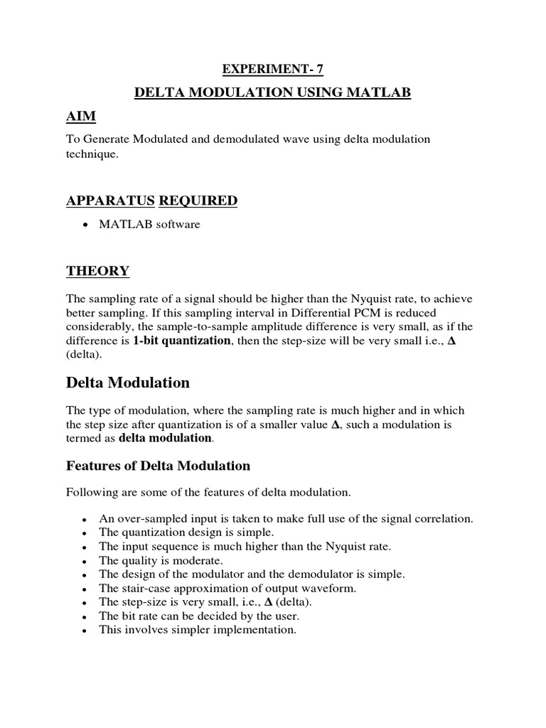 Delta Modulation Using Matlab AIM | PDF | Modulation | Sampling (Signal Processing)