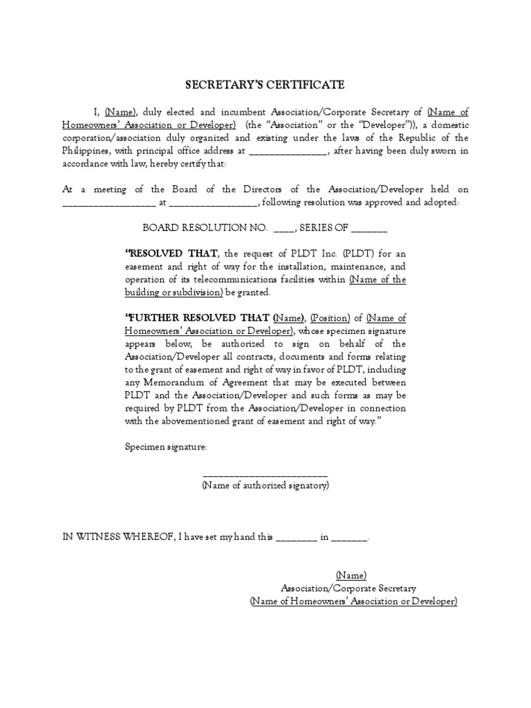Sample Secretary's Certificate