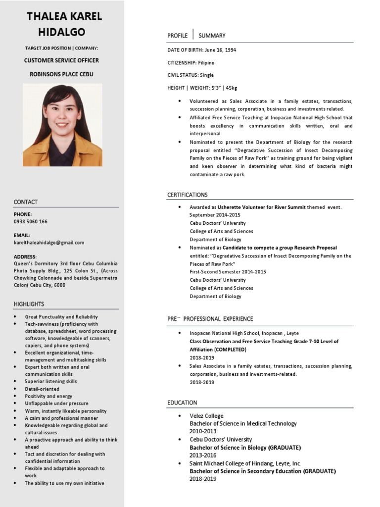 Customer Service Officer Robinsons Place Cebu: Profile | Download Free ...