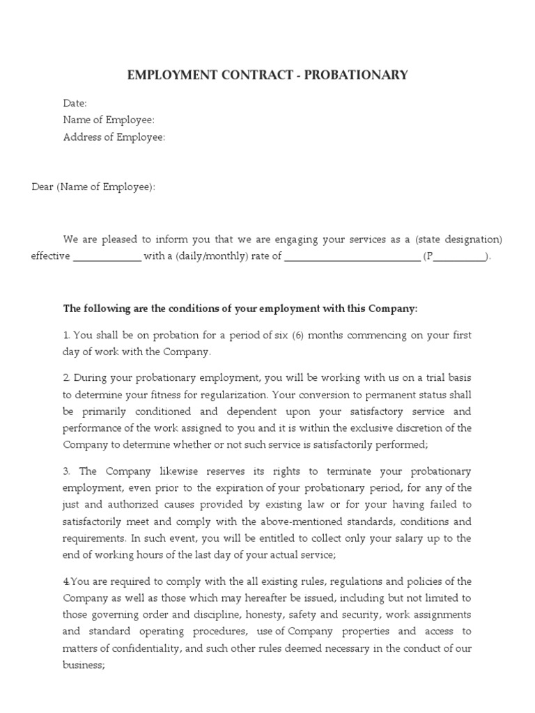 Sample Probationary Contract | PDF | Confidentiality | Employment