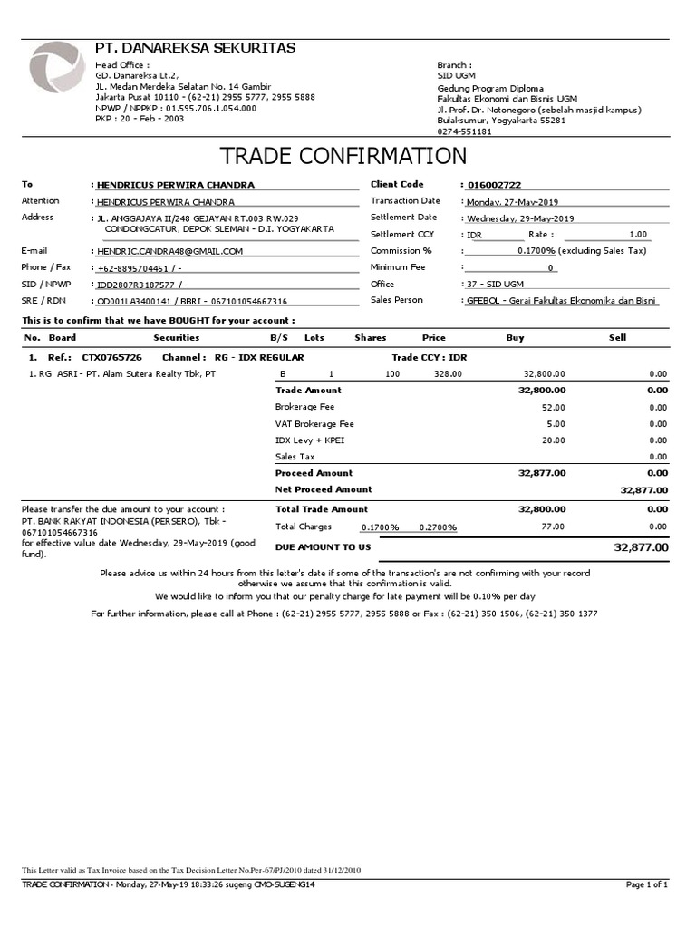 Trade Confirmation for the Purchase of 100 Shares of PT. Alam Sutera Realty Tbk at Rp. 32,800 ...