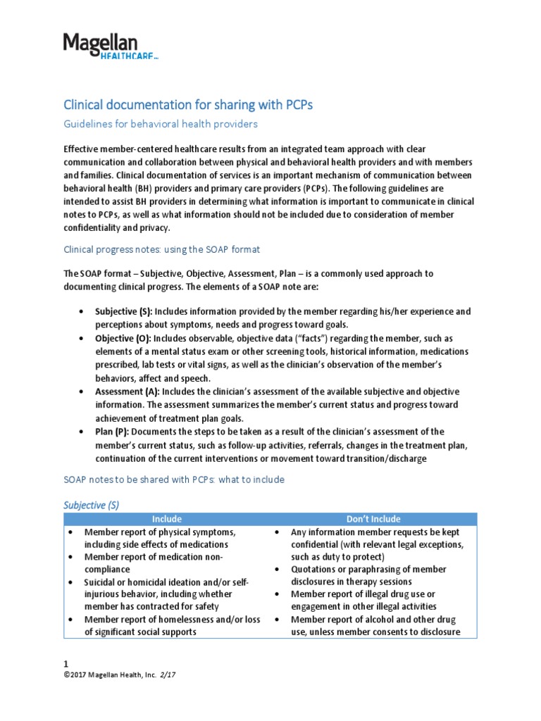 Clinical Documentation For Sharing With PCPS: Guidelines For Behavioral ...