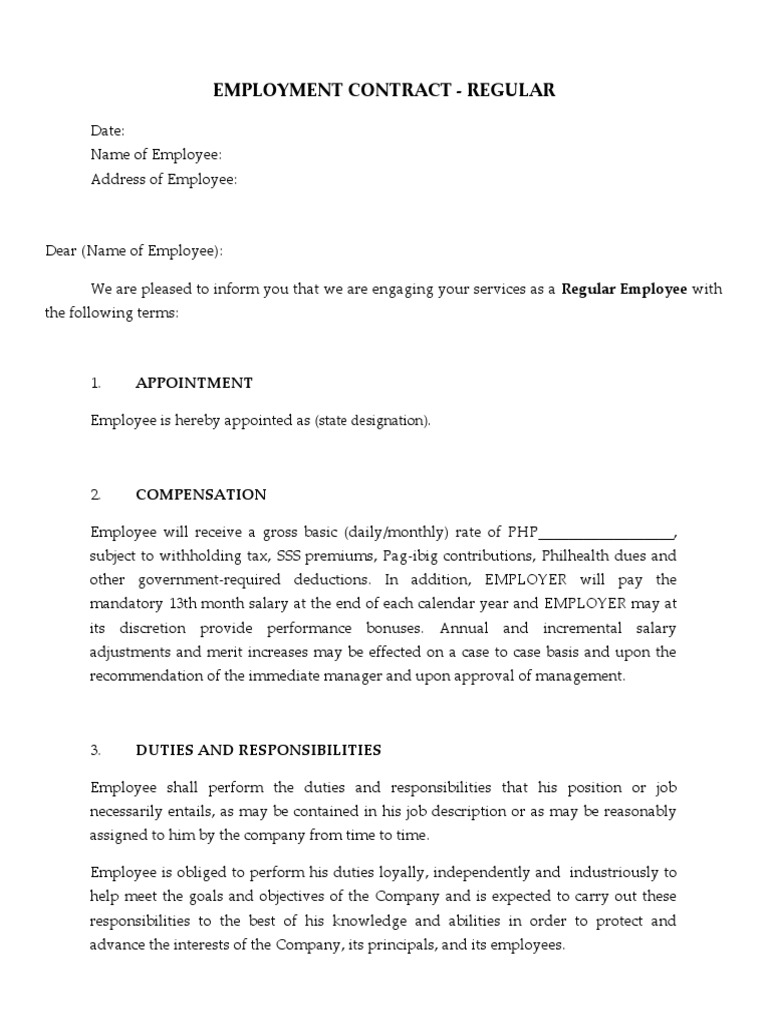 Sample Regular Employment Contract | PDF | Confidentiality | Employment