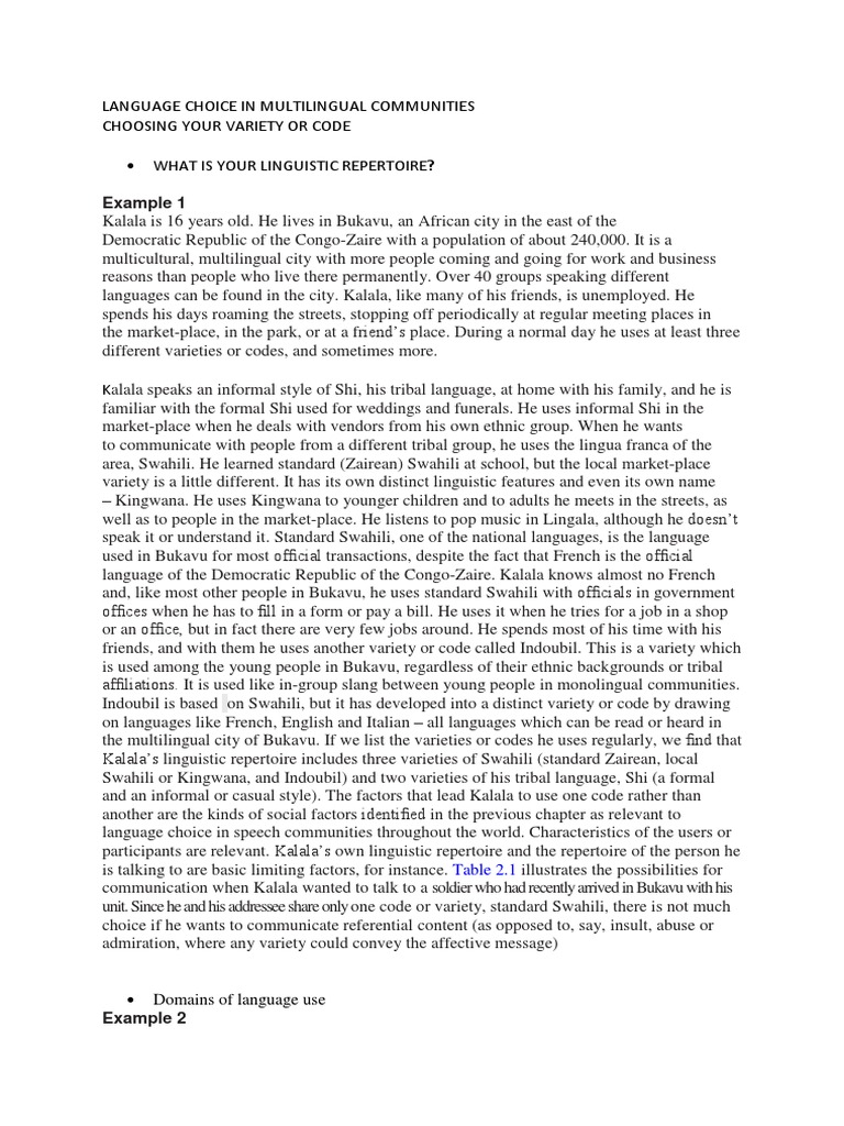 Example 1: Language Choice in Multilingual Communities Choosing Your ...