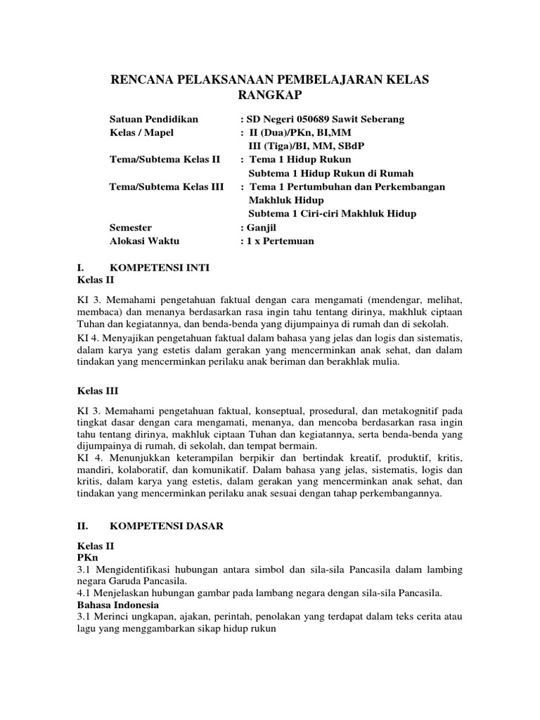 Contoh RPP Kelas Rangkap Model 221 | PDF