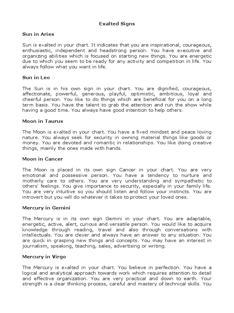 Exalted Signs Sun in Aries | PDF | Planets In Astrology | Psychological ...