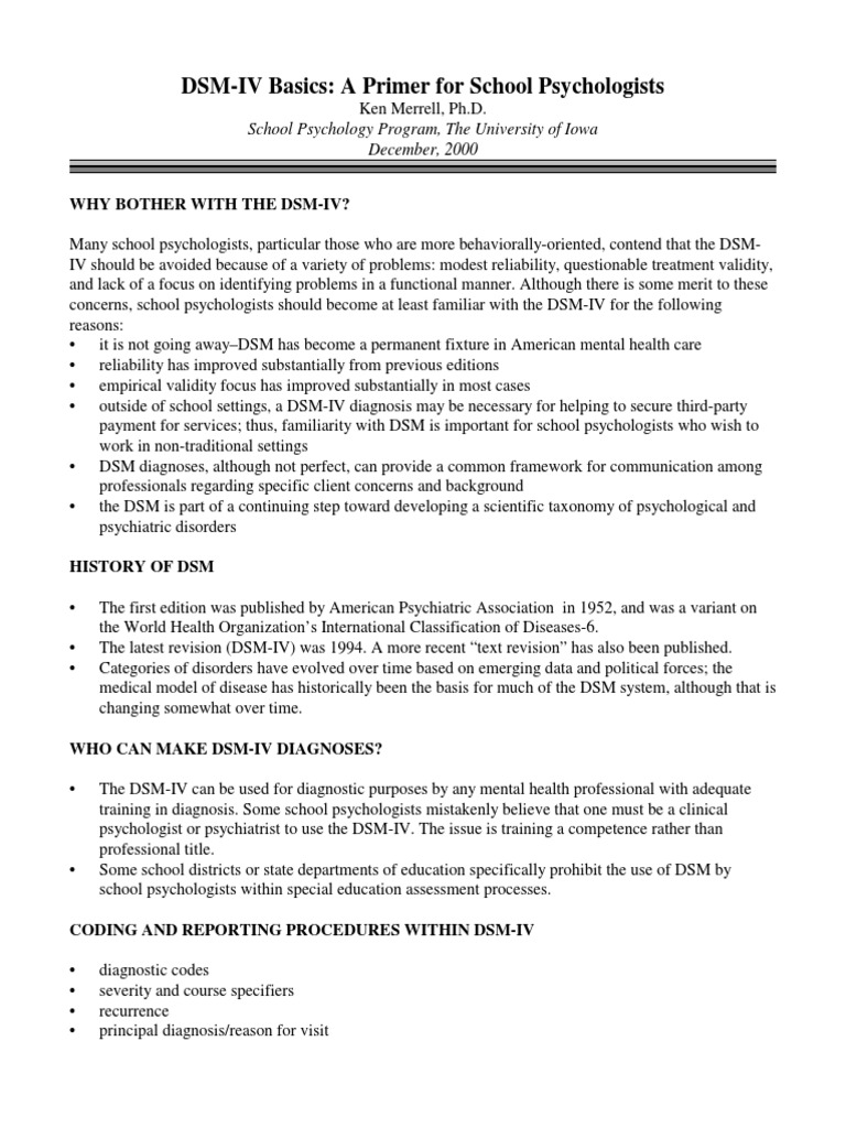 An Introduction to the DSM-IV Classification System for School ...