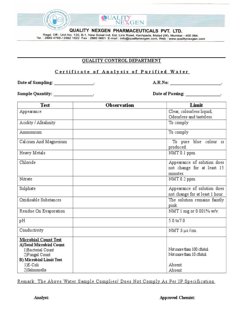 Coa of Purified Water | PDF | Colony Forming Unit | Water Purification