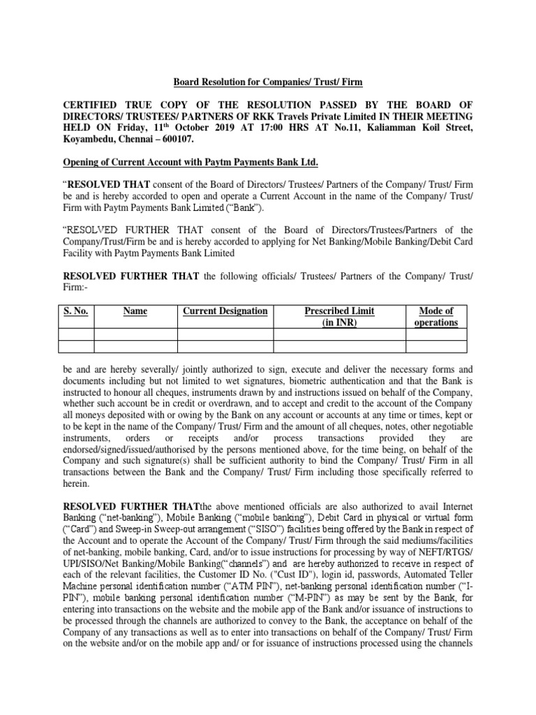 Resolution to Open a Current Account and Avail Banking Services with ...