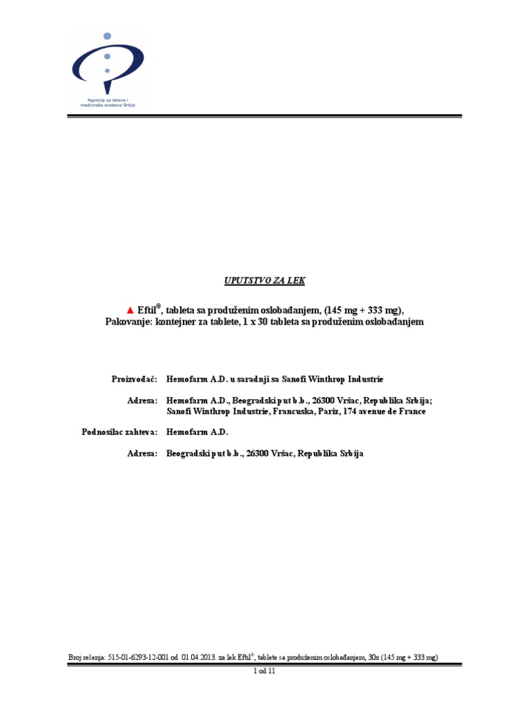 Eftil, Tableta Sa Produženim Oslobađanjem, (145 MG + 333 MG), Pakovanje ...