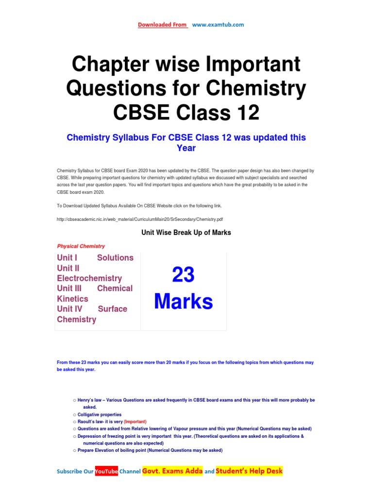 Cbse Chemistry Class 12 Important Questions PDF | PDF | Alcohol | Amine