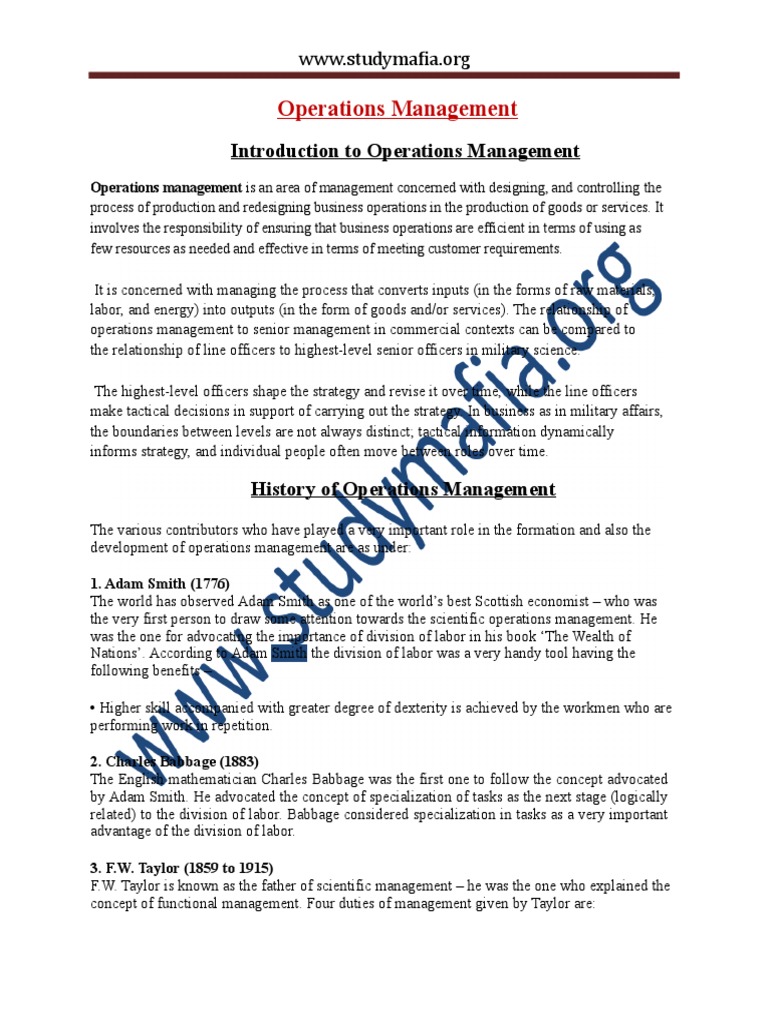 Introduction To Operations Management | PDF | Operations Management | Division Of Labour