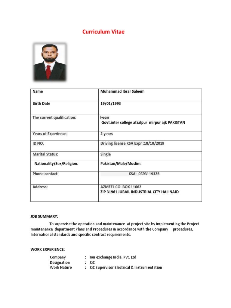 Curriculum Vitae: Muhammad Ibrar Saleem Name 19/01/1993 Birth Date | PDF | Instrumentation ...